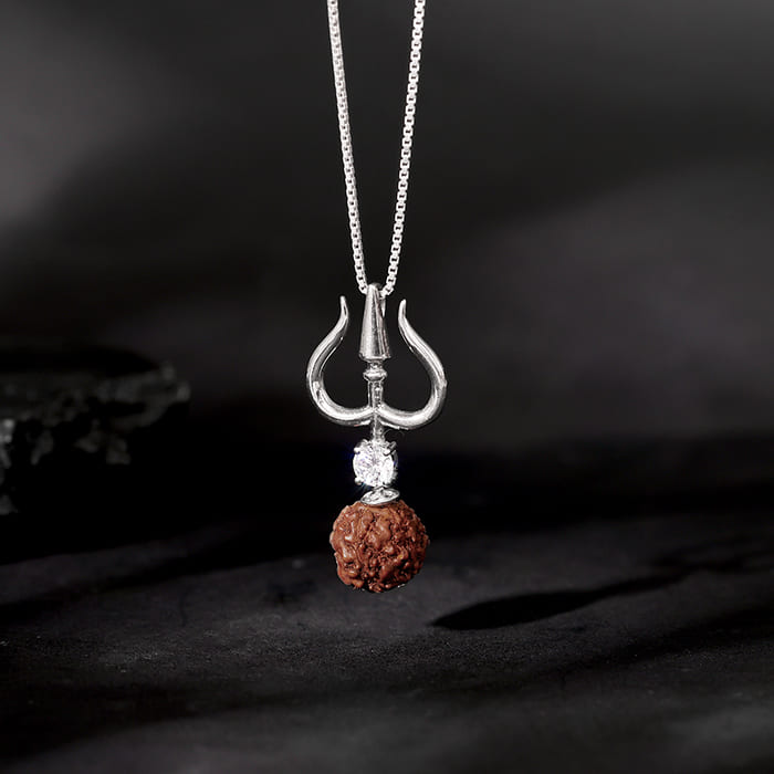 Silver Trishul And Rudraksha Pendant With Box Chain for Him – GIVA
