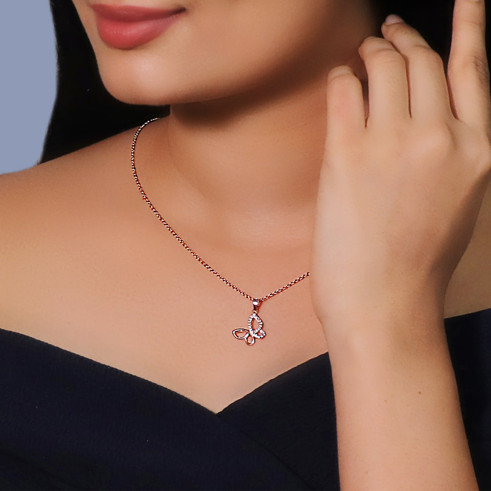 Rose Gold Zircon-Studded Butterfly Pendant With Chain – GIVA Jewellery